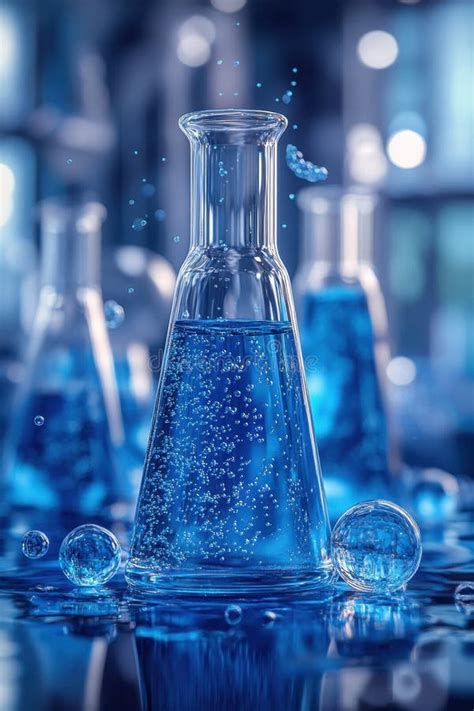Vibrant Blue Laboratory Flasks Filled With Bubbling Liquid In A Modern