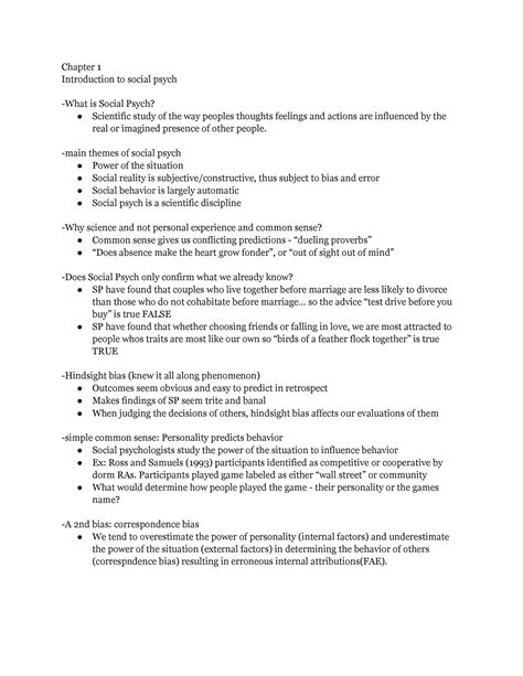 Social Psych Notes Chapter 1 First Lecture Chapter 1 Introduction To Social Psych What Is