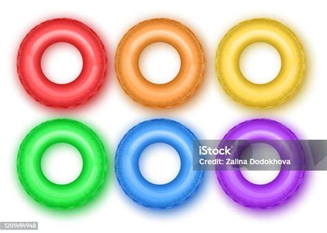 흰색 배경에 고립 된 밝고 다채로운 색상의 다채로운 구명 부표 세트 물 벡터 일러스트레이션에서 안전 수영 및 구조세트 현실적인 상세한 3d 색상 풍선 수영 반지 워터 파크에