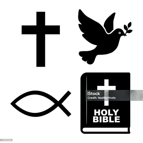 기독교 신앙 상징 아이콘 세트 십자가 비둘기 물고기 성경 벡터 일러스트 레이 션 개념에 대한 스톡 벡터 아트 및 기타 이미지 개념 교회 기도하기 Istock