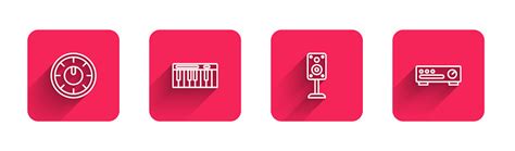 라인 사운드 믹서 컨트롤러 음악 신디사이저 스테레오 스피커 및 긴 그림자를 설정합니다 빨간색 사각형 버튼 벡터 0명에 대한 스톡 벡터 아트 및 기타 이미지 Istock