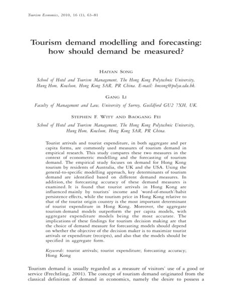 Tourism Demand Modelling And Forecasting