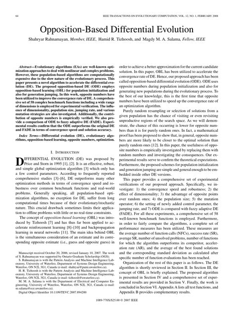 Pdf Opposition Based Differential Evolution