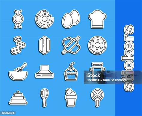 세트 라인 롤리팝 우유 도넛 부활절 달걀 핫도그 샌드위치 마카롱 쿠키 사탕과 롤링 핀 반죽 아이콘을 용기 캔 벡터 공휴일에 대한 스톡 벡터 아트 및 기타 이미지 Istock