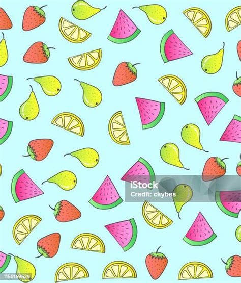 레몬 수 박 오렌지와 배경으로 육즙 딸기 패턴입니다 귀여운 벡터 배경입니다 밝은 여름 과일 그림입니다 패브릭과 장식을 위한 과일 믹스 디자인 0명에 대한 스톡 벡터 아트 및