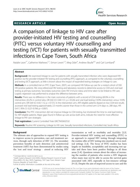 Pdf A Comparison Of Linkage To Hiv Care After Provider Initiated Hiv Testing And Counselling