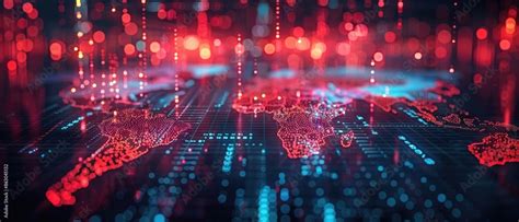 Futuristic Digital World Map With Red And Blue Cyber Data Highlighting Global Connections And
