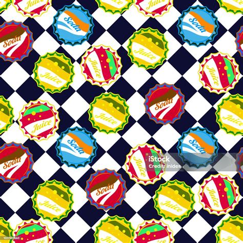 파란색과 흰색 바둑판 무늬 배경에 음료수 병 뚜껑 패턴 벡터 0명에 대한 스톡 벡터 아트 및 기타 이미지 0명 금속 기계류 Istock
