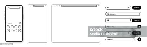 스마트폰 웹 브라우저 도구 모음과 검색 창 필드가 있는 인터넷 페이지 창 플랫 스타일 라인 아트의 현대적인 웹 사이트 컴퓨터 태블릿 및 스마트폰을 위한 빈 브라우저 모형