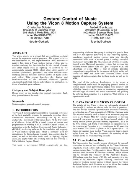 Gestural Control Of Music Using The Vicon8 Motion Capture System Pdf Real Time Computing