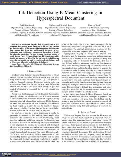 Pdf Ink Detection Using K Mean Clustering In Hyperspectral Document