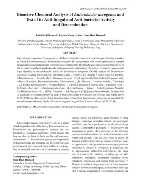 Bioactive Chemical Analysis Of Enterobacter Aerogenes And Test Of Its Anti Fungal And Anti