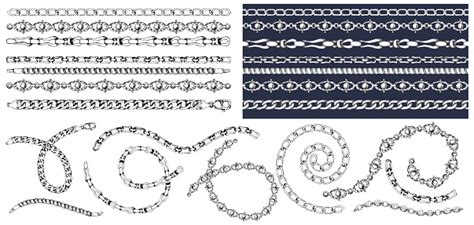 어두운 배경에 레트로 손으로 그린 스케치 체인 브러시 패턴의 집합입니다 조각 텍스처 그리기 패션 섬유 장식 프레임 요트 스타일 카드에 대 한 훌륭한 디자인 0명에 대한 스톡