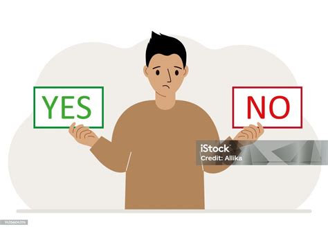 한 남자가 두 개의 깃발을 손에 들고 있습니다 테스트 질문 우유부단한 선택 논쟁 반대 선택 딜레마 상대의 견해 남자에 대한 스톡 벡터 아트 및 기타 이미지 Istock