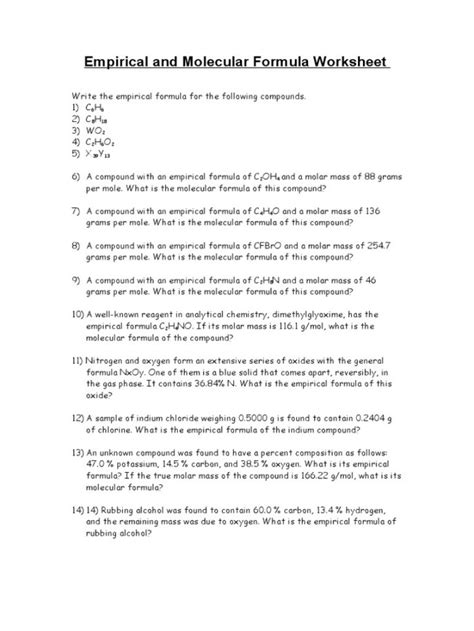 Empirical And Molecular Formula Worksheet Printable Pdf Template