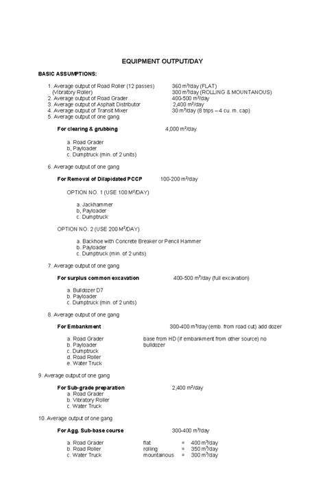 Equipment Output Day Basic Assumptions Equipment Output Day Basic Assumptions Average Output