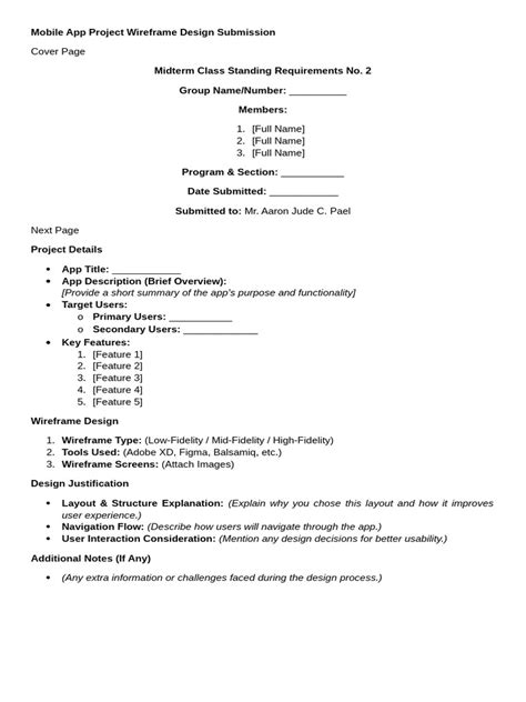Mobile App Project Wireframe Design Submission Format Pdf Page Layout Computing