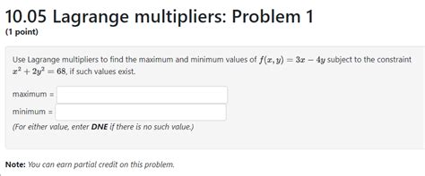 Solved 1005 Lagrange Multipliers Problem 1 1 Point Use