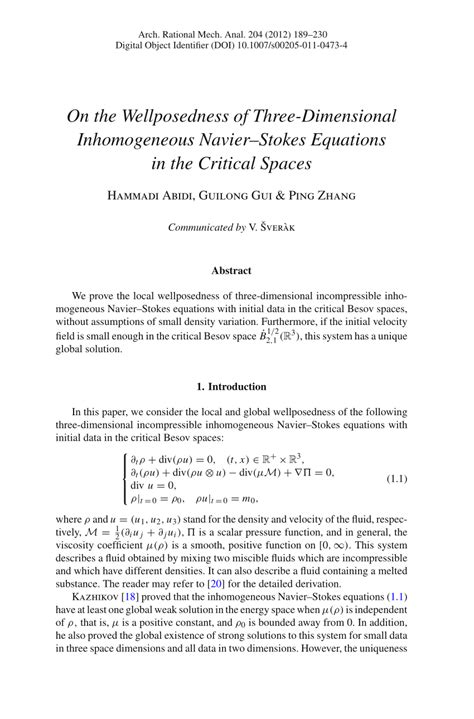 Pdf On The Wellposedness Of Three Dimensional Inhomogeneous Navierstokes Equations In The