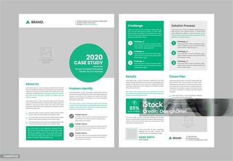 비즈니스 사례 연구 소책자 레이아웃 및 양면 전단 디자인이있는 사례 연구 템플릿 형판에 대한 스톡 벡터 아트 및 기타 이미지