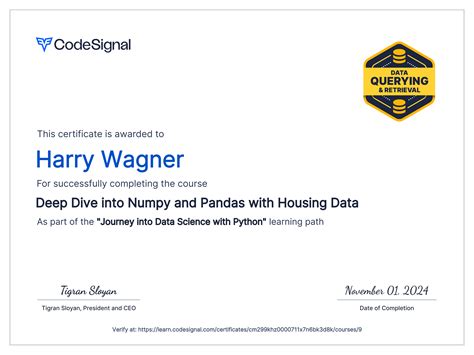 Course Certificate For Deep Dive Into Numpy And Pandas With Housing Data Codesignal Learn