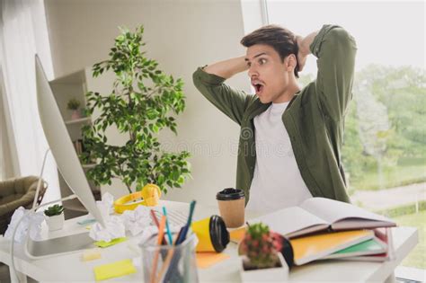 Photo Of Surprised Man Admin Expert Working Modern Device Drink Coffee Workplace Workstation
