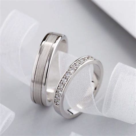 White Gold Wedding Bands With Natural Diamonds Couple Rings Set