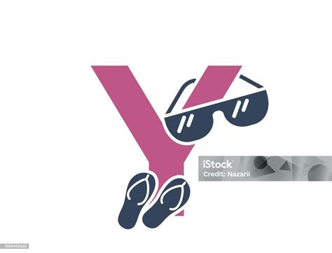 선글라스와 슬리퍼를 신은 Letter Y 창조적 인 휴가 및 리조트 알파벳 로고 여름 관광 디자인 관광에 대한 스톡 벡터 아트