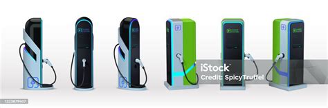 자동차 충전기 현실적인 전기 이동 충전 스테이션 자동 축압기 재충전을 위해 설정된 3d 장비의 다른 면에서 볼 수 있습니다 대체 연료 벡터 녹색 에너지 기술 차에 대한 스톡