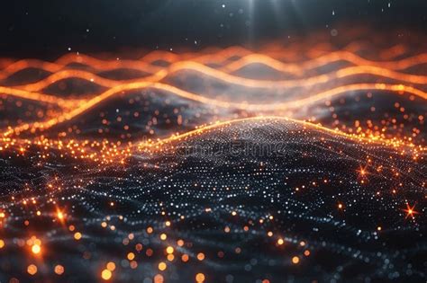 Abstract Glittering Dark Background With Orange Glowing Waves And