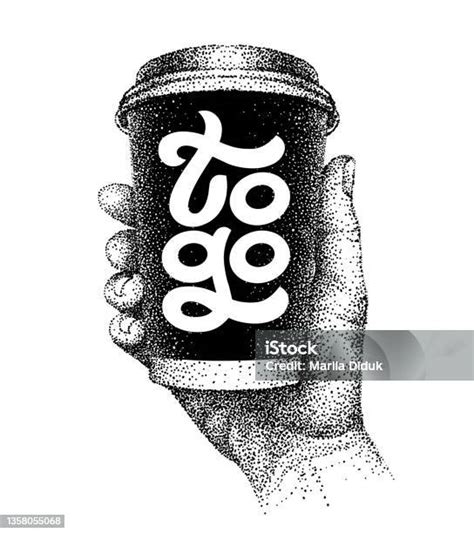 커피갈기 테이크 아웃 테이크아웃 인간의 손에 종이 컵 글자장식 스타일로 손으로 그린 스케치 조각 스타일의 빈티지 벡터 커피 마실 것에 대한 스톡 벡터 아트 및 기타 이미지