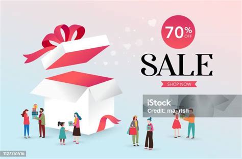 행운 상자 레드 리본으로 흰색 선물 상자를 열었습니다 판매 컨셉 디자인 주고 멀리 승진입니다 벡터 일러스트 레이 션 사람들에