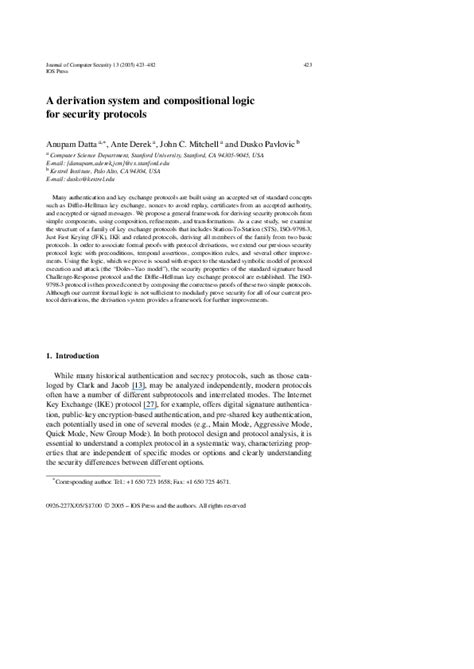 Pdf A Derivation System And Compositional Logic For Security Protocols