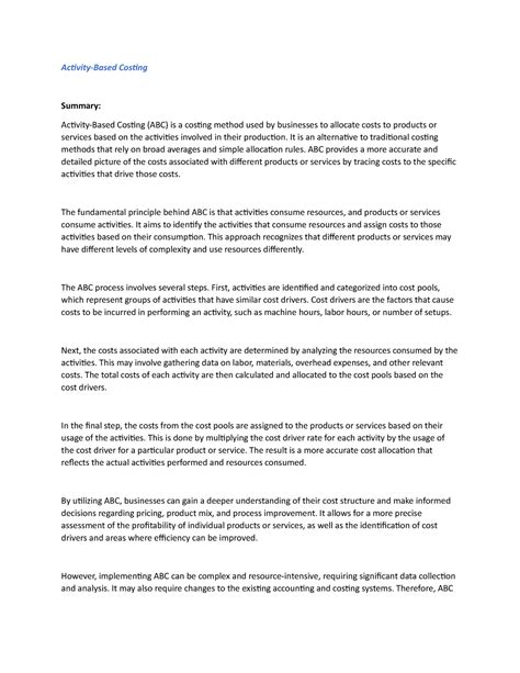 A4 Activity Based Costing Summary Activity Based Costing Summary Activity Based Costing