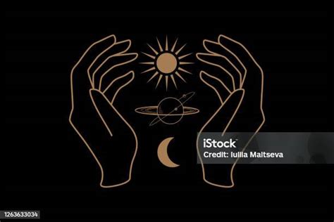 손 별 행성 및 기하학적 요소와 신비한 천체 그림 손과 천체 원소 티셔츠 포스터 디자인 플래시 문신 스티커 패치 또는 인쇄를