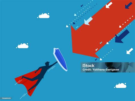 위기로부터 보호 화살 공격에 맞서 방어하는 비행 방패를 들고 있는 남자 영웅 경제에 대한 스톡 벡터 아트 및 기타 이미지 경제 구조 그래프 Istock