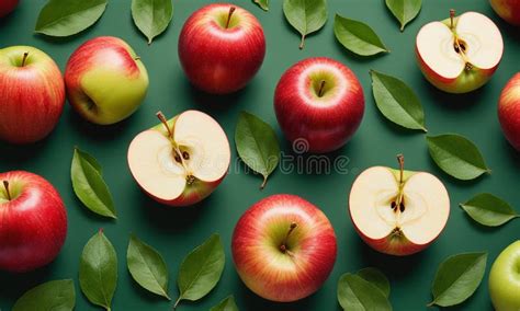 Apples With Half Slices Falling Or Floating In The Air With Green Leaves Isolated On Background