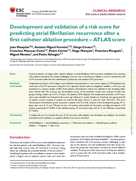pdf development and validation of a risk score for predicting atrial fibrillation recurrence