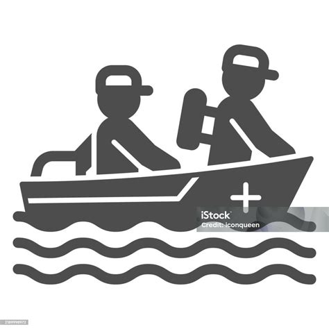 인명 구조원 팀 솔리드 아이콘 인간 구조 개념과 모터 보트 벡터 그래픽 구조대원과 함께 보트 흰색 배경에 구급대원 표지판 모바일 또는 웹 디자인용 글리프 스타일 아이콘 강에