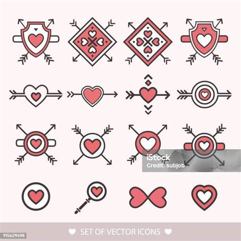 발렌타인의 날에 대 한 장식 빨간색 아이콘을 설정 합니다 그래픽 낭만적인 요소 마음 그리고 화살표입니다 결혼식에 대 한