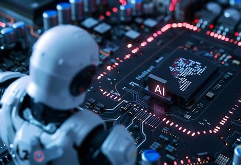 premium photo a robot robot is sitting in front of a computer screen