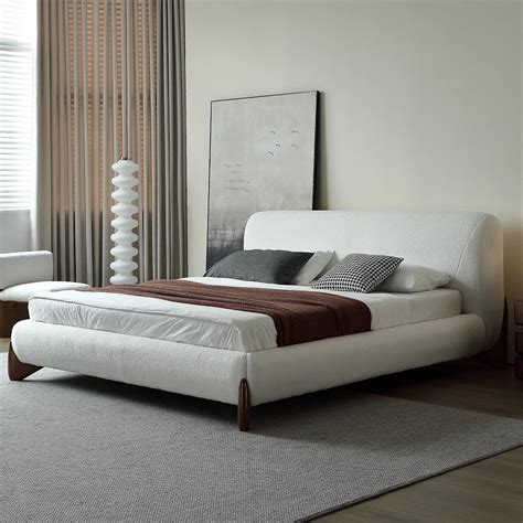 Hokku Designs Curva Modern White Boucle Platform Bed King Size Bed