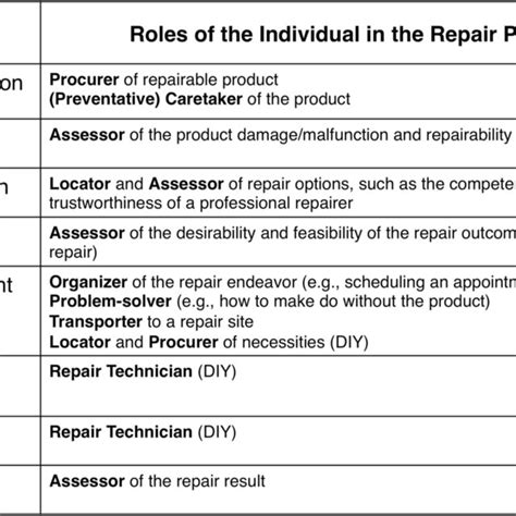 Possible Roles Of The Individuals Throughout The Repair Process