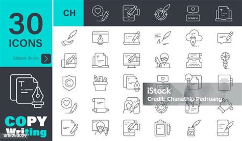 카피라이팅 아이콘 세트입니다 30 편집 가능한 획 벡터 그래픽 요소 스톡 일러스트 아이콘 기사 블로깅 쓰기 활동 모바일 앱 광고 크리에이 티브 서명 아이디어 0명에 대한