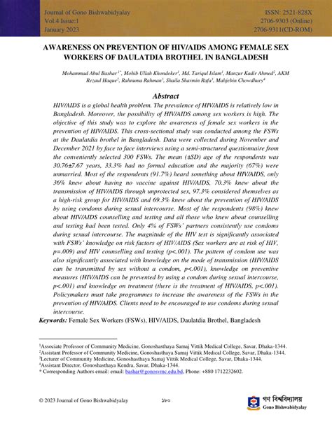 Pdf Awareness On Prevention Of Hivaids Among Female Sex Workers Of