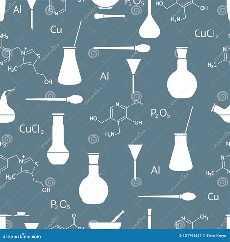 Scientific Vector Seamless Pattern With Flasks Test Tubes Beakers Tools And Formulas