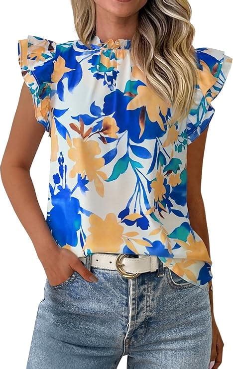 Prettygarden Womens Ruffle Short Sleeve Summer Tops Trendy Floral Trim