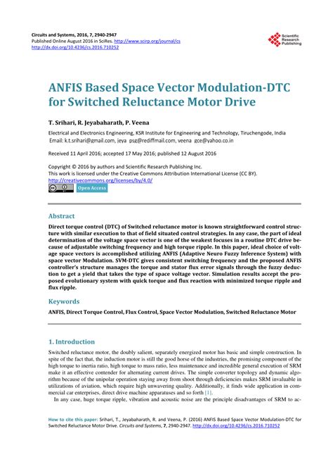 Pdf Anfis Based Space Vector Modulation Dtc For Switched Reluctance Motor Drive