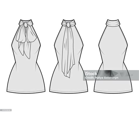 드레스 넥 보우 테크니컬 패션 일러스트와 하이 홀터 네크라인 민소매 몸에 맞는 미니 길이 스커트 0명에 대한 스톡 벡터 아트 및 기타 이미지 Istock