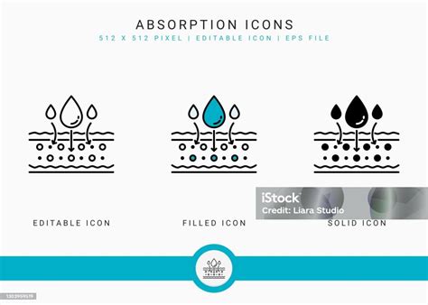 흡수 아이콘은 솔리드 아이콘 선 스타일로 벡터 일러스트레이션을 설정합니다 물에 의한 개념을 떨어뜨립니다 개념에 대한 스톡 벡터